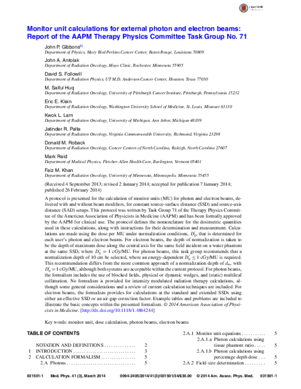 (PDF) Monitor unit calculations for external photon and electron beams ...