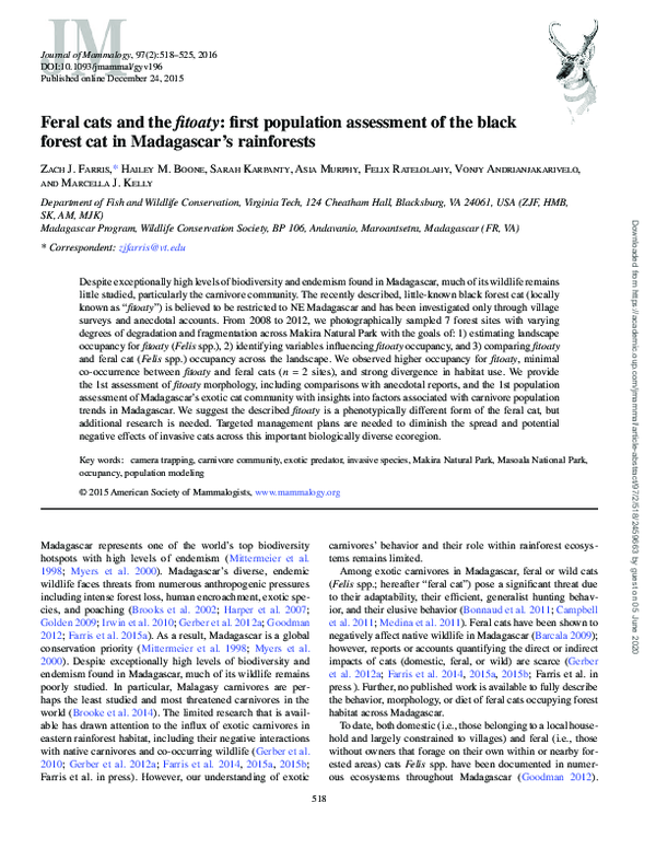 (PDF) Feral cats and the fitoaty : first population assessment of the ...