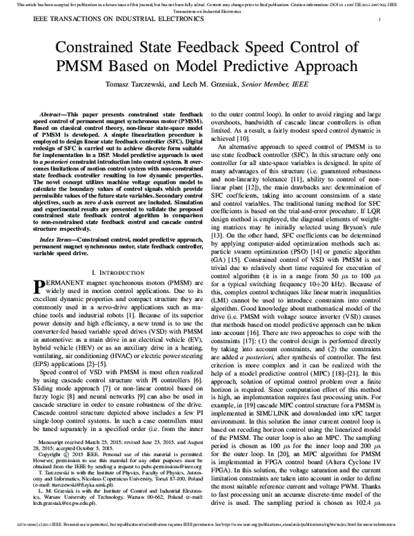 (PDF) Constrained State Feedback Speed Control of PMSM Based on Model ...