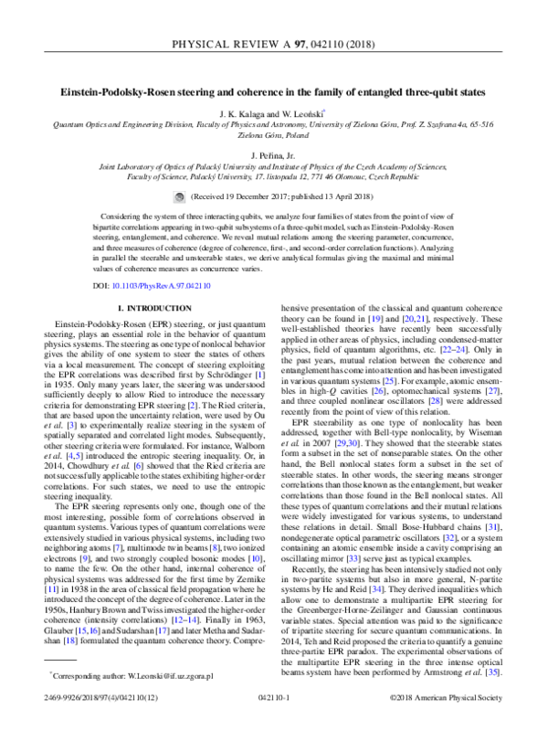 (PDF) Einstein-Podolsky-Rosen steering and coherence in the family of ...