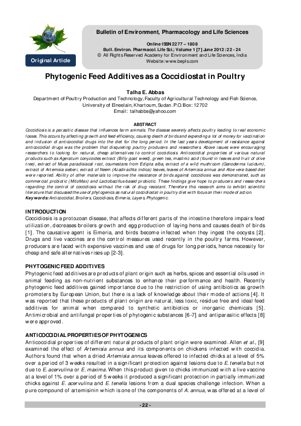 (PDF) Phytogenic Feed Additives as a Coccidiostat in Poultry