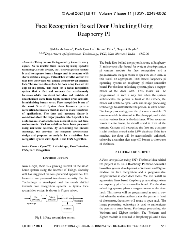Pdf Face Recognition Based Door Unlocking Using Raspberry Pi