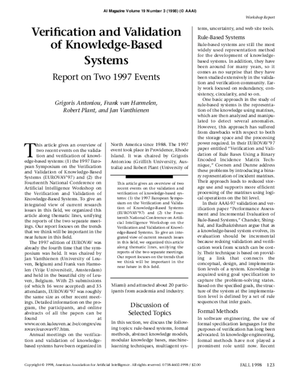 (PDF) Verification and validation of knowledge-based systems: Report on two 1997 events