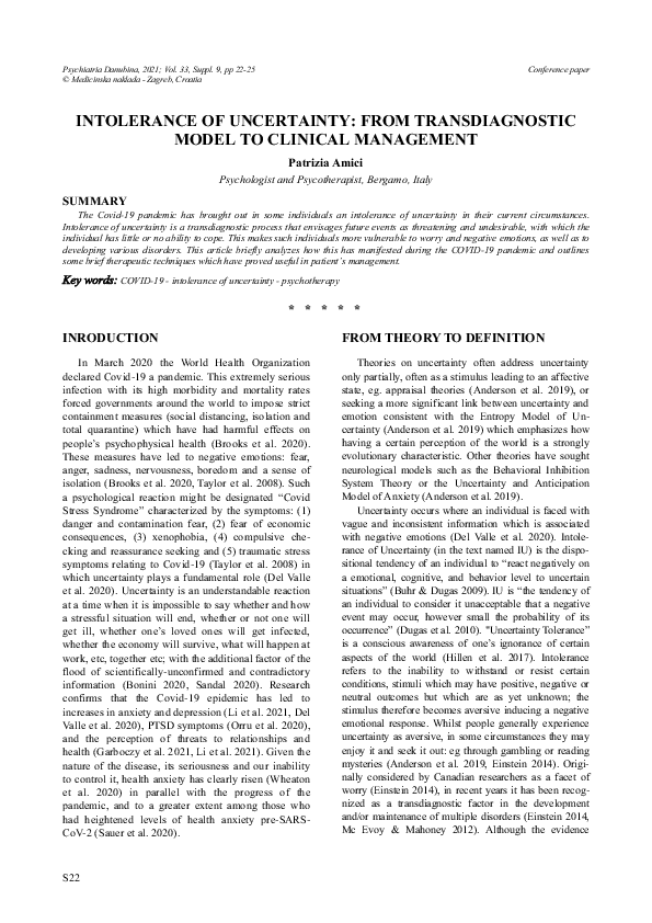(PDF) Intolerance of Uncertainty: From Transdiagnostic Model to ...
