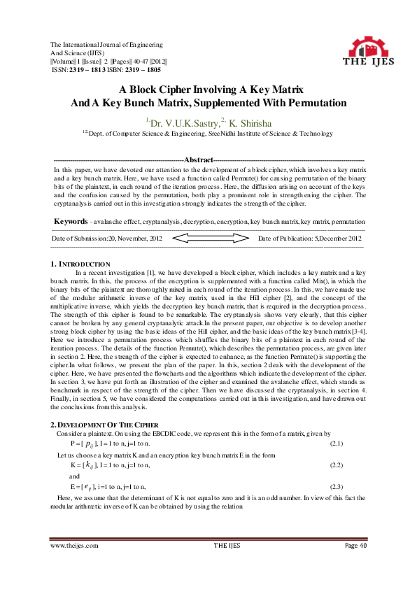 Pdf A Block Cipher Involving A Key Matrix And A Key Bunch Matrix