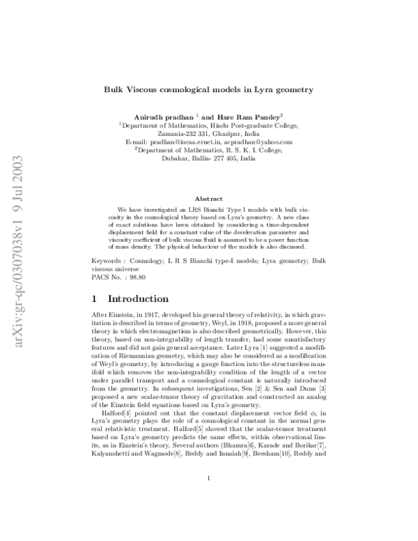 (PDF) Bulk Viscous cosmological models in Lyra geometry
