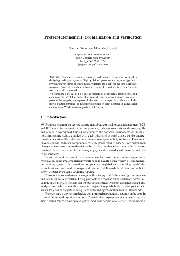 (PDF) Protocol Refinement : Formalization and Verification