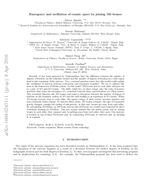 (PDF) Emergence and oscillation of cosmic space by joining M1-branes