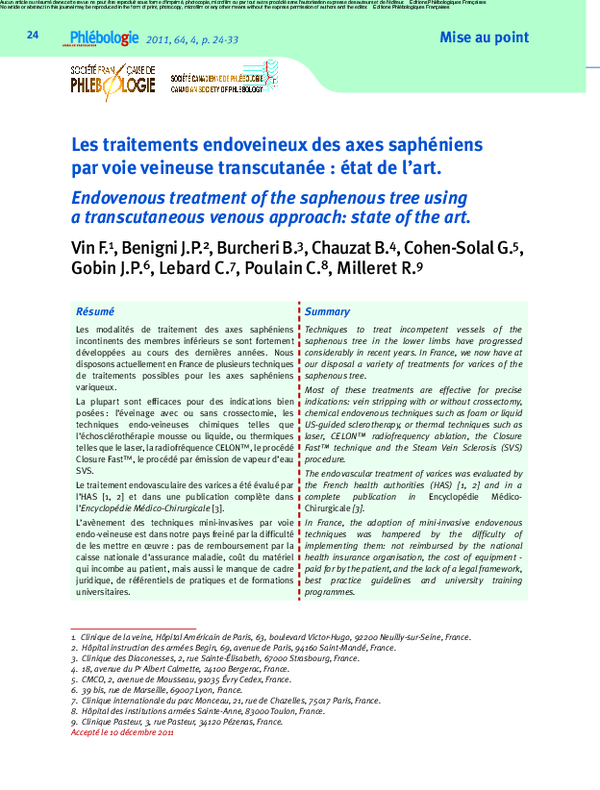 (PDF) Les traitements endoveineux des axes saphéniens par voie veineuse ...
