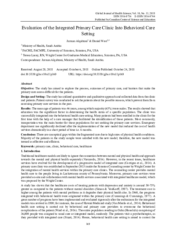 (PDF) Evaluation of the Integrated Primary Care Clinic Into Behavioral ...