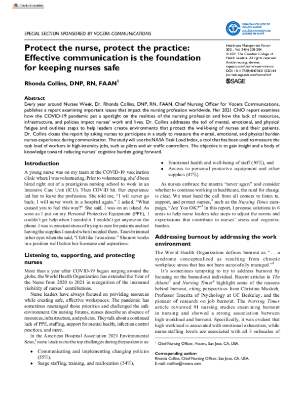 (PDF) Protect the nurse, protect the practice: Effective communication ...