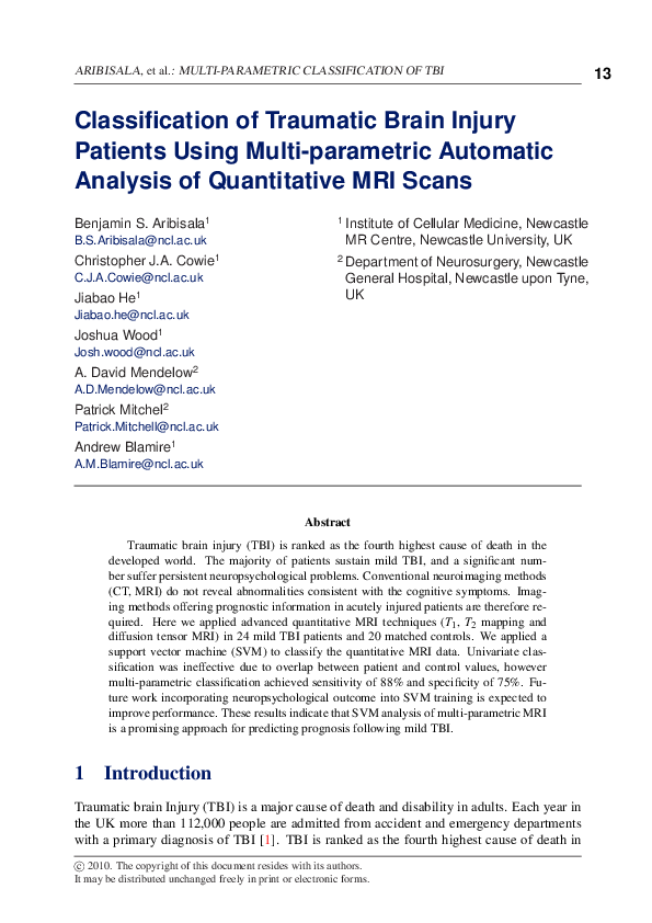(PDF) Classification of Traumatic Brain Injury Patients Using Multi-parametric Automatic ...