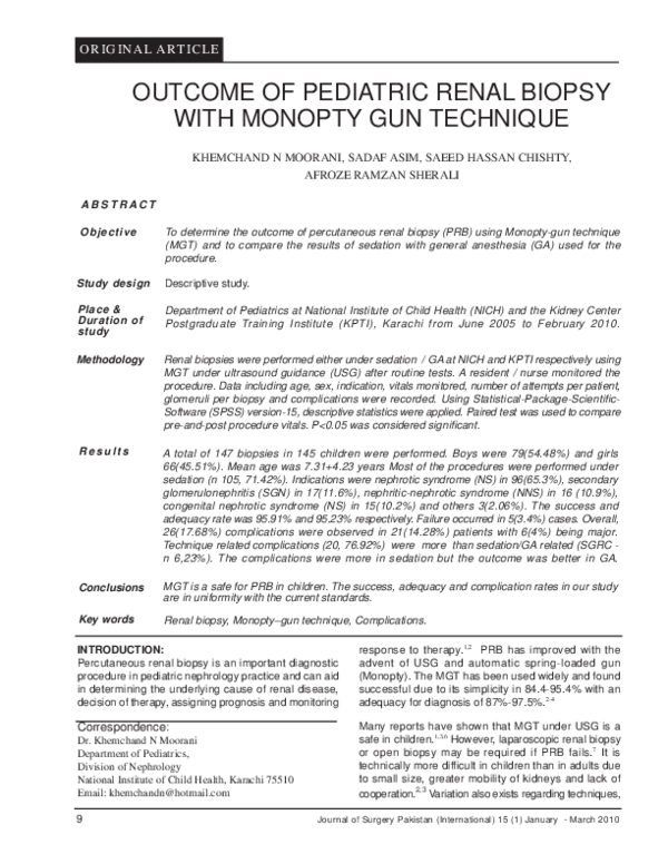 (PDF) Outcome of Pediatric Renal Biopsy with Monopty Gun Technique