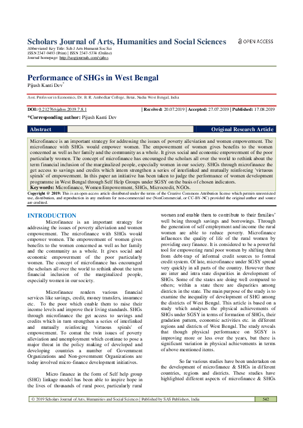 (PDF) Performance of SHGs in West Bengal