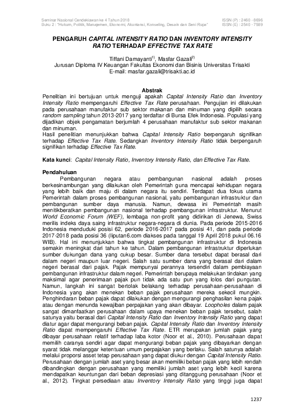 (PDF) Pengaruh Capital Intensity Ratio Dan Inventory Intensity Ratio Terhadap Effective Tax Rate