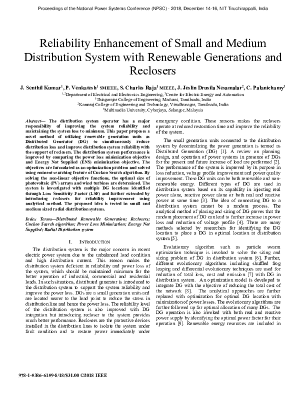 (PDF) Reliability Enhancement of Small and Medium Distribution System with Renewable Generations ...