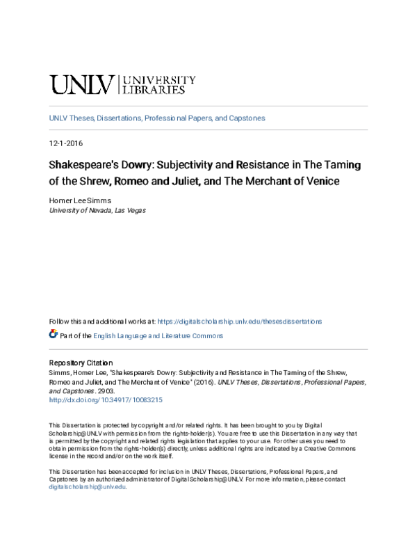 Shakespeare's Dowry: Subjectivity and Resistance in The Taming of the ...