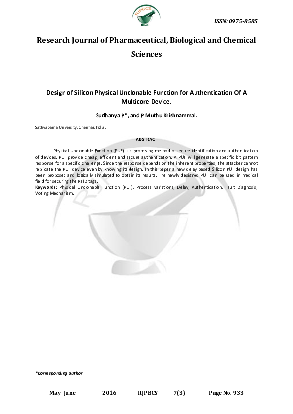 (PDF) Design of Silicon Physical Unclonable Function for Authentication Of A Multicore Device