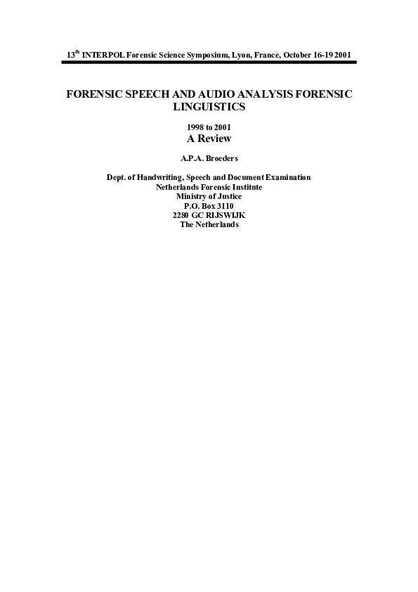 (PDF) Forensic Speech and Audio Analysis Forensic Linguistics 1998-2001