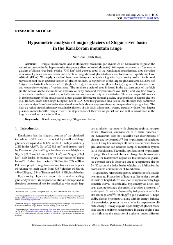 (PDF) Hypsometric analysis of major glaciers of Shigar river basin in ...