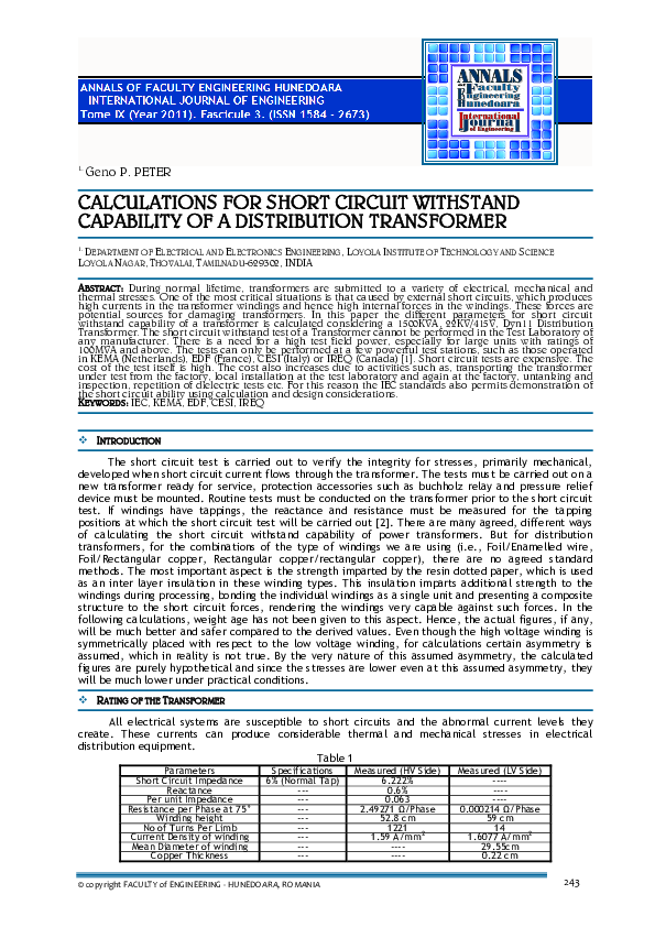 (PDF) Calculations for Short Circuit Withstand Capability of a ...