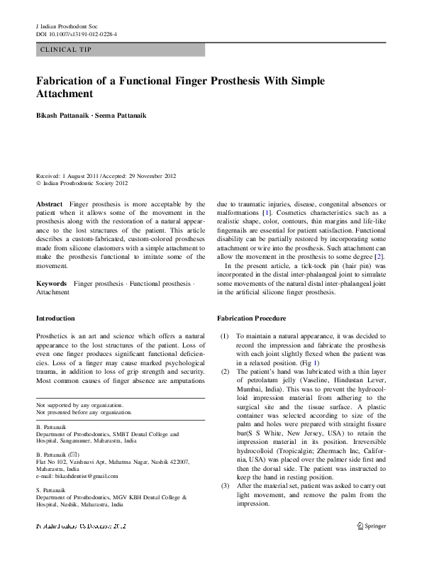 (PDF) Fabrication of a Functional Finger Prosthesis With Simple Attachment
