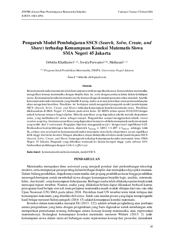 (PDF) Pengaruh Model Pembelajaran SSCS (Search, Solve, Create, and Share) terhadap Kemampuan ...