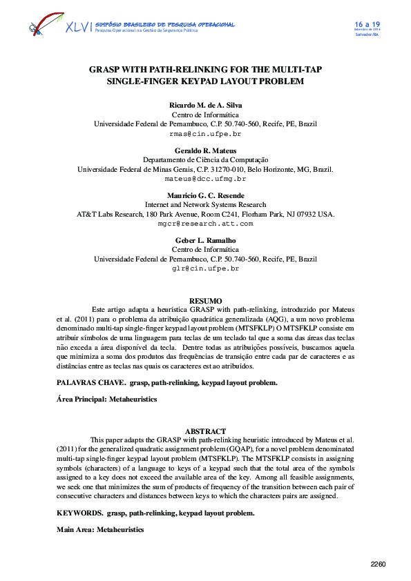 (PDF) Grasp with Path-Relinking for the Multi-Tap Single-Finger Keypad Layout Problem