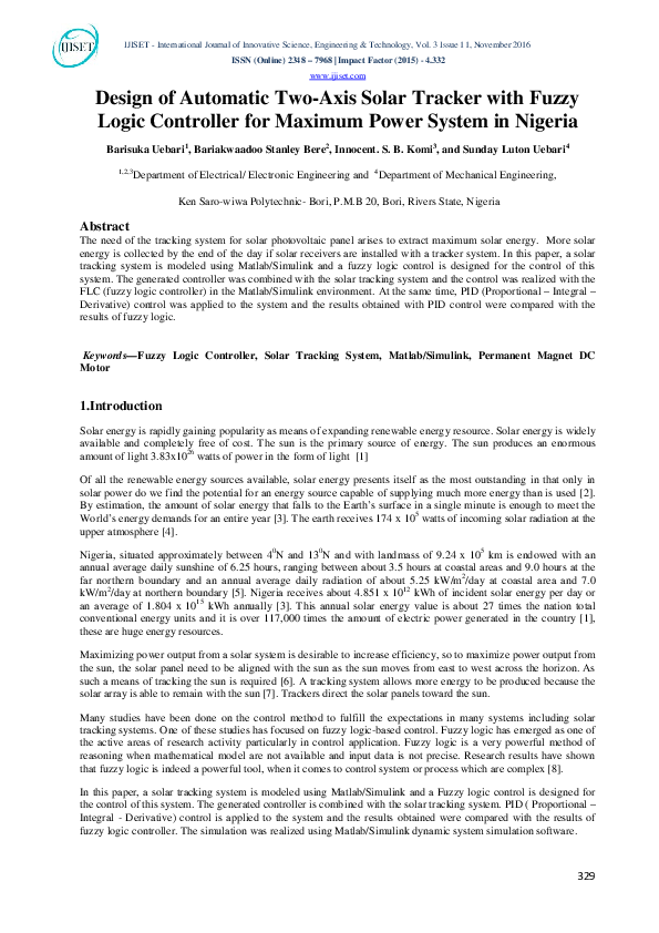 Pdf Design Of Automatic Two Axis Solar Tracker With Fuzzy Logic Controller For Maximum Power
