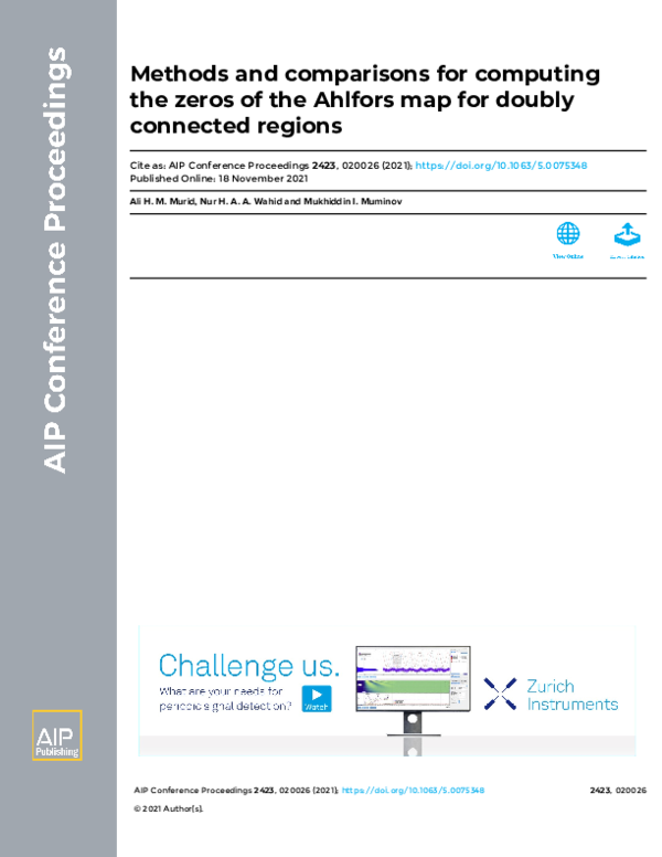 Pdf Methods And Comparisons For Computing The Zeros Of The Ahlfors Map For Doubly Connected