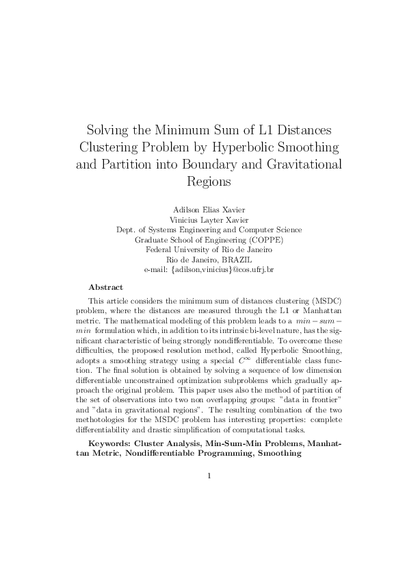 Pdf Solving The Minimum Sum Of L1 Distances Clustering Problem By Hyperbolic Smoothing And