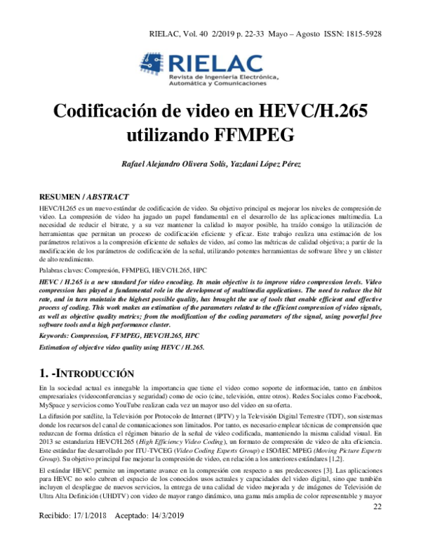 (PDF) Codificación de video en HEVC/H.265 utilizando FFMPEG