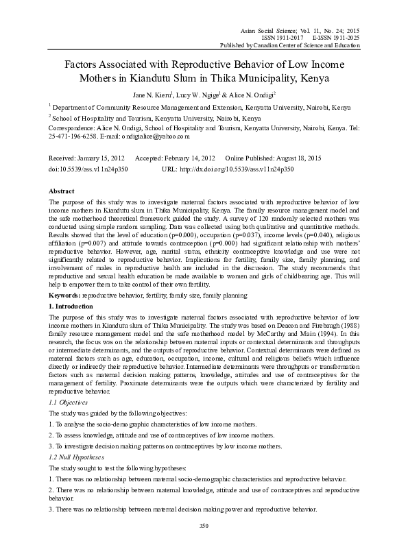 (PDF) Factors Associated with Reproductive Behavior of Low Income ...