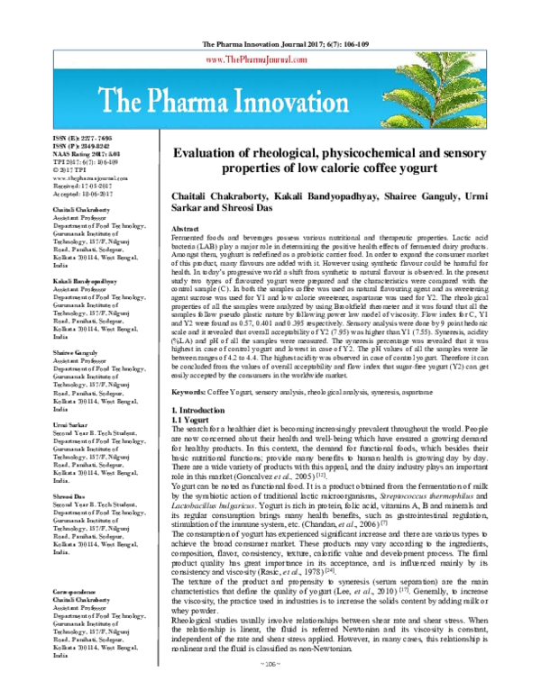 (PDF) Evaluation of rheological, physicochemical and sensory properties of low calorie coffee yogurt
