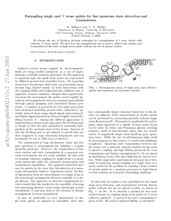 (PDF) Entangling single and $ N $ atom qubits for fast quantum state detection and transmission