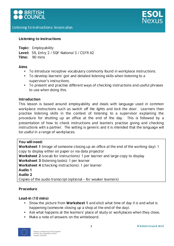 (PDF) Listening to instructions: lesson plan