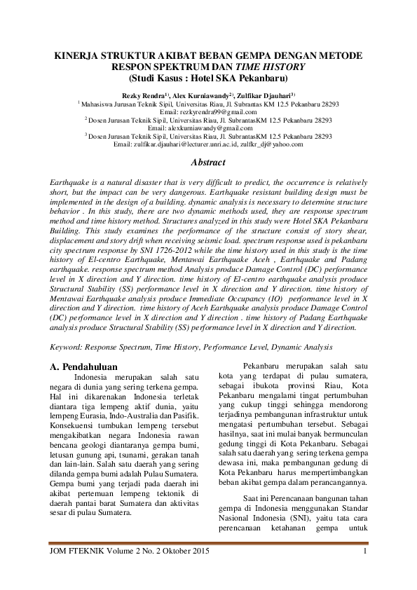 (PDF) Kinerja Struktur Akibat Beban Gempa Dengan Metode respon Spektrum Dan Time History (Studi ...