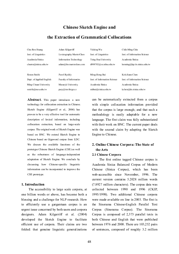(PDF) Chinese Sketch Engine and the Extraction of Grammatical Collocations