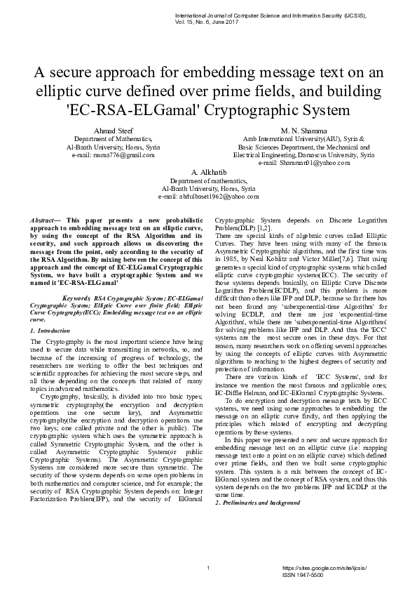(PDF) A secure approach for embedding message text on an elliptic curve defined over prime ...