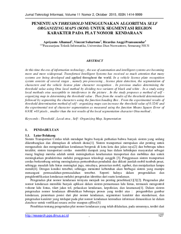 Pdf Penentuan Threshold Menggunakan Algoritma Self Organizing Maps Som Untuk Segmentasi