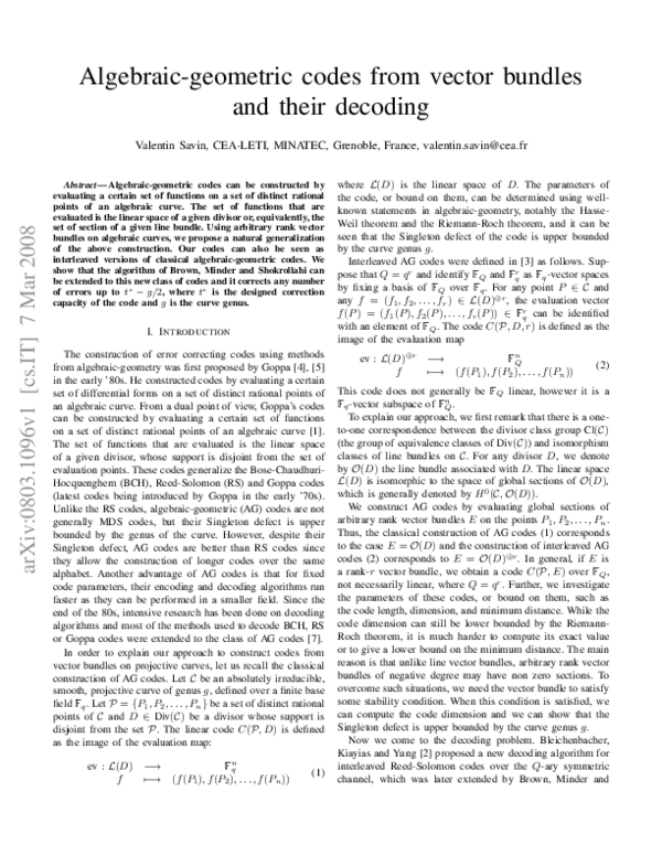 Pdf Algebraic Geometric Codes From Vector Bundles And Their Decoding