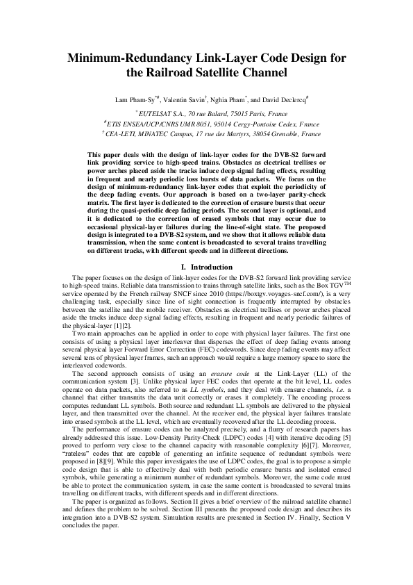 (PDF) Minimum-Redundancy Link-Layer Code Design for the Railroad Satellite Channel