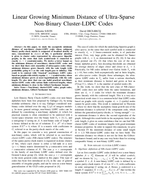 (PDF) Linear growing minimum distance of ultra-sparse non-binary ...