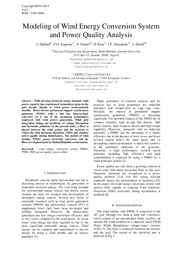 (PDF) Modeling of Wind Energy Conversion System and Power Quality Analysis
