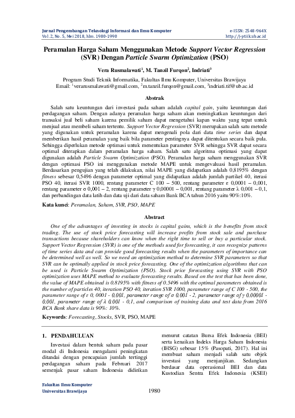 (PDF) Peramalan Harga Saham Menggunakan Metode Support Vector Regression (SVR) Dengan Particle ...