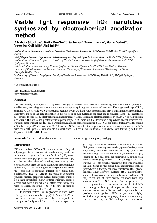 (PDF) Electrochemical Synthesis of Visible Light Responsive TiO2 Nanotubes