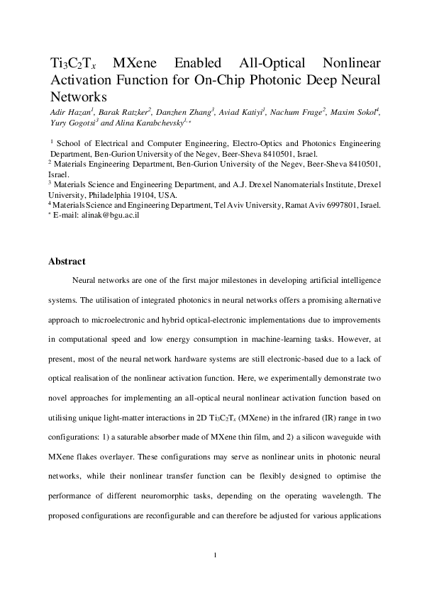 (PDF) Ti3C2Tx MXene Enabled All-Optical Nonlinear Activation Function for On-Chip Photonic Deep ...