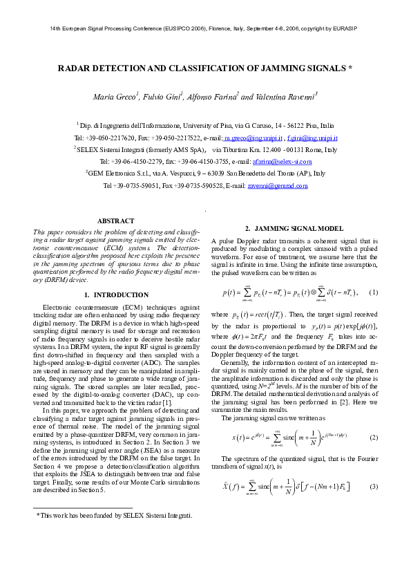 Pdf Radar Detection And Classification Of Jamming Signals