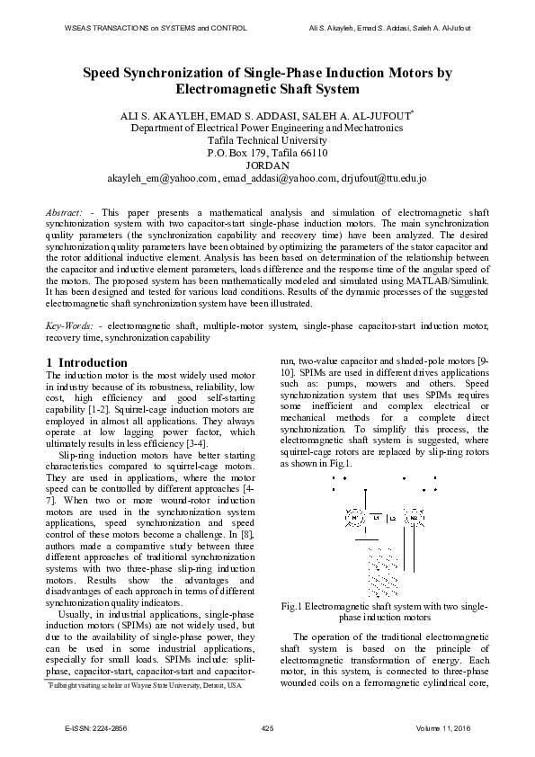 Pdf Speed Synchronization Of Single Phase Induction Motors By
