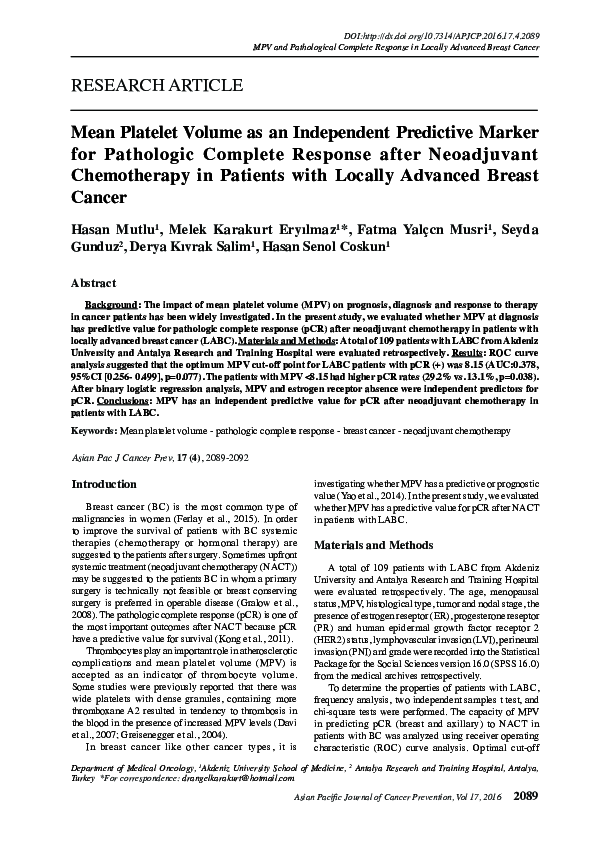 (PDF) Mean Platelet Volume as an Independent Predictive Marker for ...